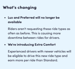 Lyft drivers: Extra Comfort replaced Lux and Preferred! - Ridesharing ...